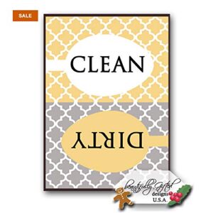 clean dirty dishwasher magnet sign – modern elegant moroccan trellis pattern – yellow gold grey – 2.5 x 3.5 – housewarming, gag gift idea for mom dad/christmas stocking stuffers for women men teens