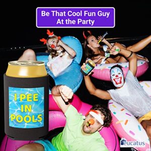 Super Fun, Durable Can Coolie 12 oz. Funny I Pee in Pools Soda Pop Cooler Sleeve, Collapsible Beer Bottle Holder, Insulated Drink Cup Wrap, Neoprene Gag Gift, Stocking Stuffer or Party Favor Present