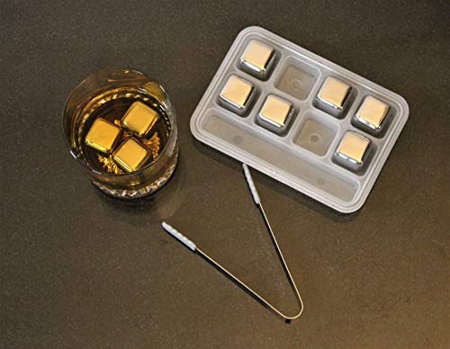 Set of 8 Whiskey Stones, Reusable Ice Cubes, Beverage Chilling Rocks, Premium Stainless Steel Gifts For Men, Dad, Christmas, Includes Storage Tray and Silicone Tip Tongs.