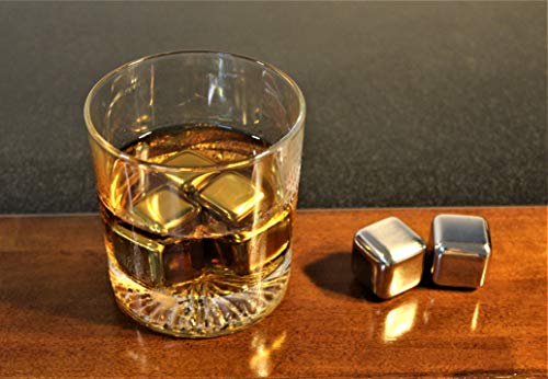 Set of 8 Whiskey Stones, Reusable Ice Cubes, Beverage Chilling Rocks, Premium Stainless Steel Gifts For Men, Dad, Christmas, Includes Storage Tray and Silicone Tip Tongs.