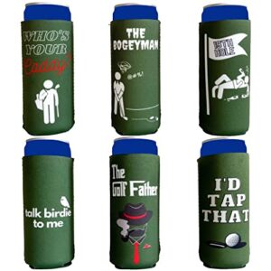 coozie kings funny golf coozies – great gift for any golfer – neoprene can coozies to keep your cans cool for all 18 holes – 6 pack (slim/seltzer can)