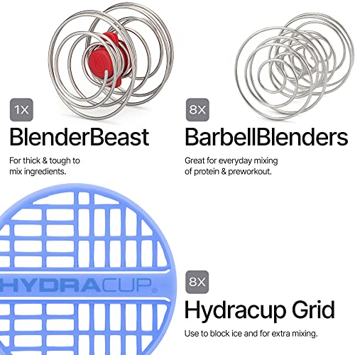 HydraCup [8 Pack] with New BlenderBeast - 28oz Shaker Bottle for Protein Mixes, Dual Mixers, Wire Whisk & Mixing Grid, Shaker Cup BPA Free, Shakes Value Pack Ball