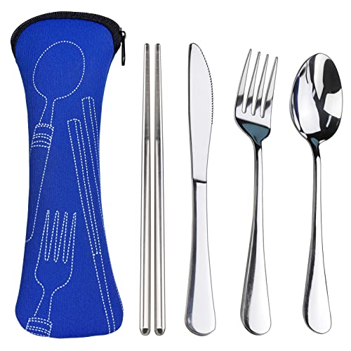 5PCS Portable Silverware Set with Case, Lengnoyp Travel Camping Utensils Set, Premium Stainless Steel Travel Cutlery Set, Reusable Safe Flatware Sets for Lunch Box/Workplace/Students/Kids, Silver