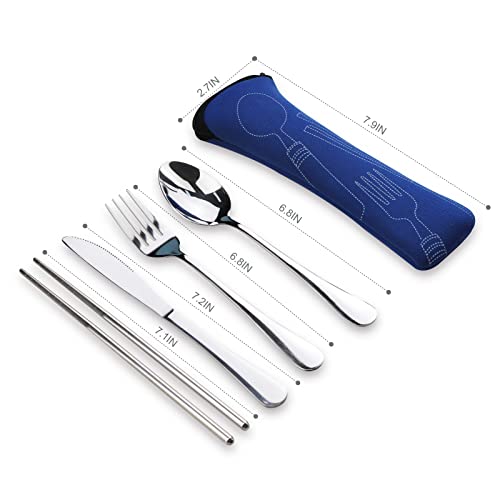 5PCS Portable Silverware Set with Case, Lengnoyp Travel Camping Utensils Set, Premium Stainless Steel Travel Cutlery Set, Reusable Safe Flatware Sets for Lunch Box/Workplace/Students/Kids, Silver