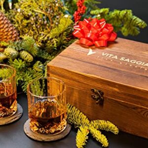 Luxury Whiskey Glass Set of 2, Gift Set in Wooden Box, Includes 8 Whiskey Ice Stones, Velvet Bag and Stainless Steel Tongs. Great Gift for Men, Dad, Christmas.. NO Coasters