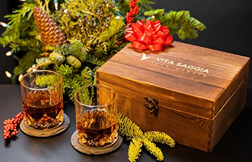 Luxury Whiskey Glass Set of 2, Gift Set in Wooden Box, Includes 8 Whiskey Ice Stones, Velvet Bag and Stainless Steel Tongs. Great Gift for Men, Dad, Christmas.. NO Coasters