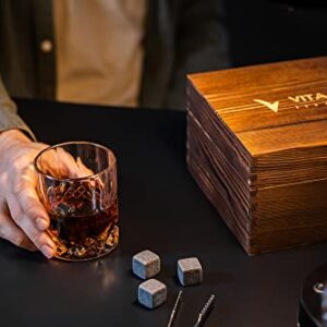 Luxury Whiskey Glass Set of 2, Gift Set in Wooden Box, Includes 8 Whiskey Ice Stones, Velvet Bag and Stainless Steel Tongs. Great Gift for Men, Dad, Christmas.. NO Coasters