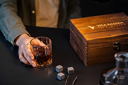 Luxury Whiskey Glass Set of 2, Gift Set in Wooden Box, Includes 8 Whiskey Ice Stones, Velvet Bag and Stainless Steel Tongs. Great Gift for Men, Dad, Christmas.. NO Coasters