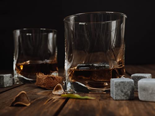 Luxury Whiskey Glass Set of 2, Gift Set in Wooden Box, Includes 8 Whiskey Ice Stones, Velvet Bag and Stainless Steel Tongs. Great Gift for Men, Dad, Christmas.. NO Coasters