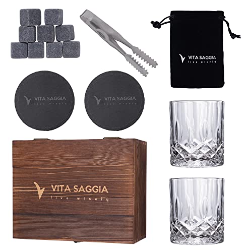 Luxury Whiskey Glass Set of 2, Gift Set in Wooden Box, Includes 8 Whiskey Ice Stones, Velvet Bag and Stainless Steel Tongs. Great Gift for Men, Dad, Christmas.. NO Coasters