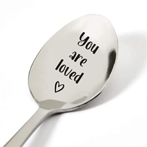 tym you are loved engraved stainless steel, inspirational motivational coffee tea spoon gift for men women friends birthday christmas gifts, silver, 7 inches