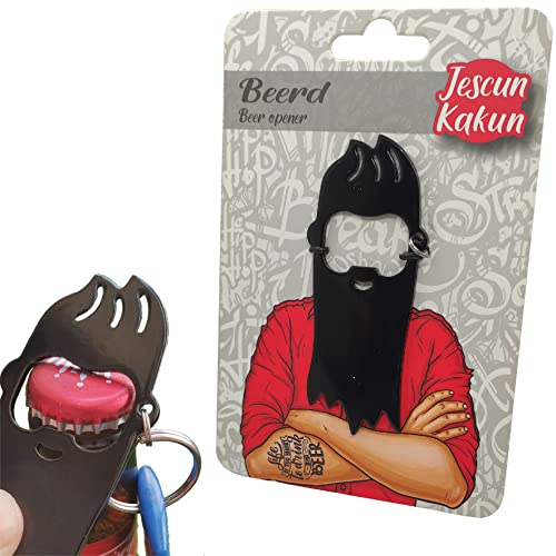 Beard Beer Bottle Opener - Stainless Steel Beer Opener - Cool Hipster Beard Design - For Bartender, Kitchen or Parties - Keychain Ring Included - Unique Stocking Stuffers Gift for Men By Jescun Kakun