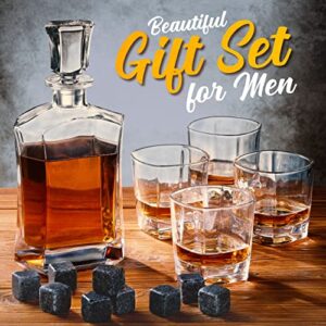 Whiskey Decanter Set for Men with 4 Drinking Glasses and 9 Whisky Stones – Christmas Gift 2023 – (Old Fashion Glass 25 oz. and Modern Glass 25 oz.)