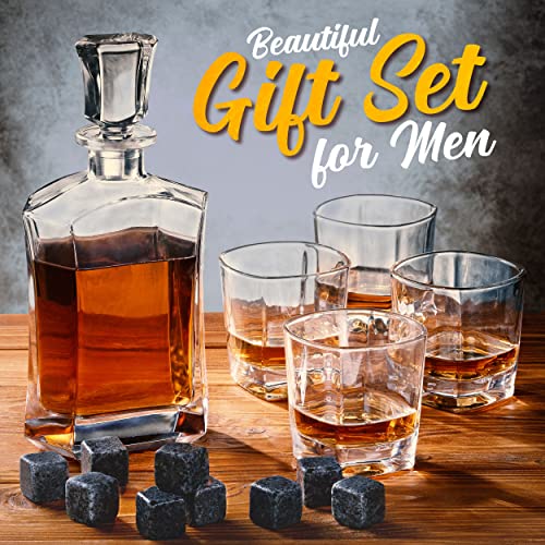 Whiskey Decanter Set for Men with 4 Drinking Glasses and 9 Whisky Stones – Christmas Gift 2023 – (Old Fashion Glass 25 oz. and Modern Glass 25 oz.)