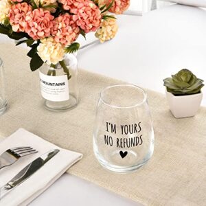 Waipfaru I'm Yours No Refunds Wine Glass, Valentines Day Anniversary Birthday Engagement Wedding Gift for Wife Husband Girlfriend Boyfriend Women Men Her Him, 15Oz Funny Stemless Wine Glass