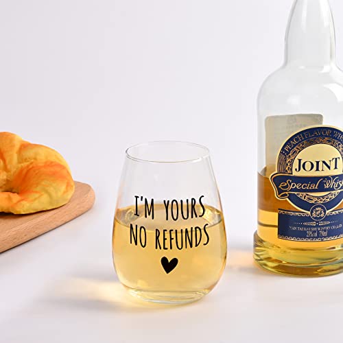 Waipfaru I'm Yours No Refunds Wine Glass, Valentines Day Anniversary Birthday Engagement Wedding Gift for Wife Husband Girlfriend Boyfriend Women Men Her Him, 15Oz Funny Stemless Wine Glass