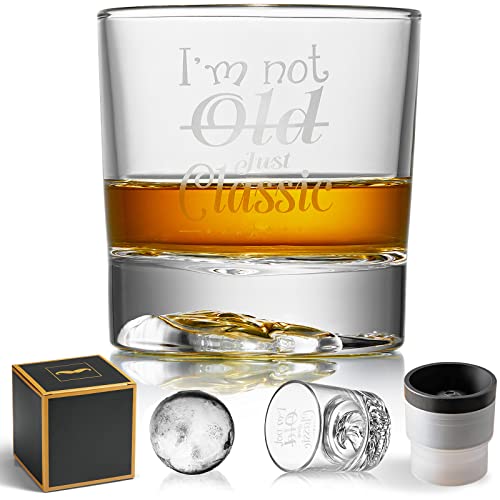 Whiskey Gift for Men - I'm Not Old Just Classic, Unique Eagle Pattern Whiskey Glasses With 2.5" Large Ice Ball Maker Mold, Mens Retirement Gifts Dad Birthday Gifts from Wife Daughter Son Kids