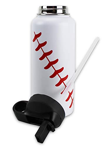 Urbanifi Water Bottle Baseball STRAW LID Tumbler 32 oz Gift for Mom Men Flask Sports Travel Waterbottle, Stainless Steel, Vacuum Insulated, Water Cold for 24, Hot for 12 hours (Baseball Straw Lid)