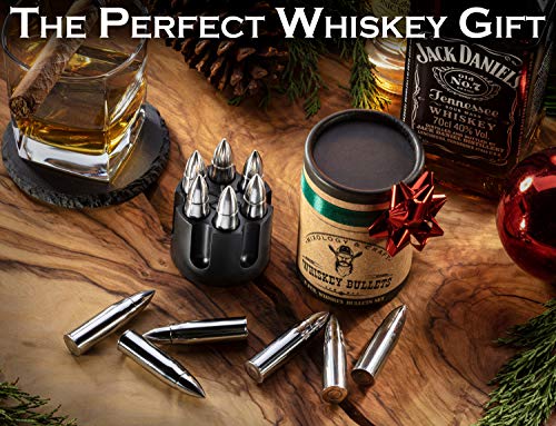 Whiskey Stone Bullets Gift Set - Stainless Steel Bullet Shaped Whiskey Stones with Revolver Freezer Base, Reusable Bullet Ice Cube for Whiskey Gift Set for Men, Dad, Husband, Boyfriend(Silver)