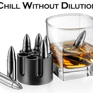 Whiskey Stone Bullets Gift Set - Stainless Steel Bullet Shaped Whiskey Stones with Revolver Freezer Base, Reusable Bullet Ice Cube for Whiskey Gift Set for Men, Dad, Husband, Boyfriend(Silver)