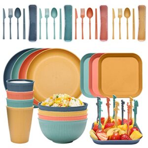 wheat straw dinnerware sets, kids dinnerware set,unbreakable microwave dishwasher safe tableware lightweight bowls, cups, plates set reusable dinner plates bowls set