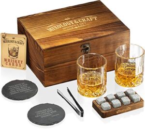 mixology whiskey stones gift set for men – pack of 2, 10 oz whiskey glasses w/ 8 granite chilling rocks, 2 coasters, metal tong & cocktail card in wooden box – diamond