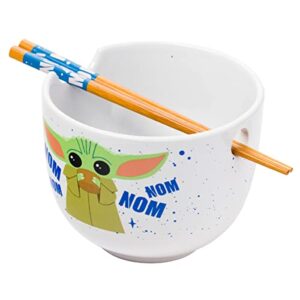 silver buffalo star wars mandalorian baby yoda grogu nom nom ceramic ramen noodle rice bowl with chopsticks, microwave safe, 20 ounces