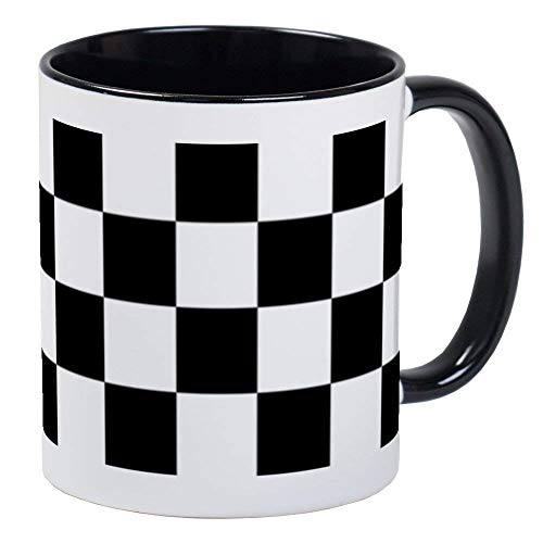 BLACK AND WHITE Checkered Pattern Mug - Ceramic 11oz RINGER Coffee/Tea Cup Gift Stocking Stuffer