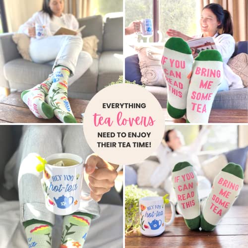 Tea Lovers Gifts for Women | Tea Gift Sets with Mug, Tea Bag Squeezer, Tea Bag Holder and If You Can Read This Novelty Fun Socks. Unique Tea Drinkers Gifts for Her, Mom, Grandmother, Teacher