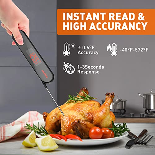 TOMVOV Instant Read Meat Thermometer, [IPX7 Waterproof / High Accuracy] Digital Meat Thermometer Reversible Display, 4.6" Foldable Probe, Rechargeable Grill Thermometer for Outdoor Cooking, BBQ