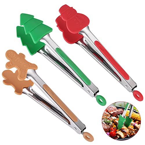 OIULO 3PCS Christmas Silicone Mini Tongs, 7 Inch Christmas Style Tongs, Small Kids Colourful Tongs for Serving Food, Ice Cube, fruits, Sugar, Festival Set of 3（Christmas Tree Snowman Gingerbread Man）