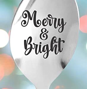 Merry & Bright | Gift For Christmas for Wife/Husband/Girlfriend/Boyfriend/Friends/Mom/Dad | Christmas Stocking Stuffer | Stainless Steel Engraved 7 inches Teaspoon