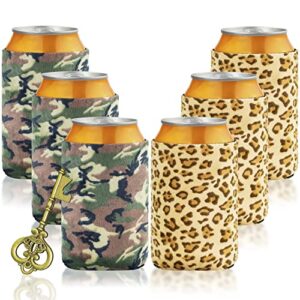 bagnoregio short plush beer can cooler sleeves, soft velvet neoprene insulated coozie for soda beverage cans, 6-pack collapsible thermocoolers with 1pc key bottle opener (camouflage,leopard)