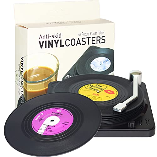 Funny Retro Vinyl Record Coasters for Drinks with Vinyl Record Player Holder for Music Lovers,Set of 6 Conversation Piece Sayings Drink Coaster,Wedding Registry Gift Ideas,Housewarming Hostess Gifts