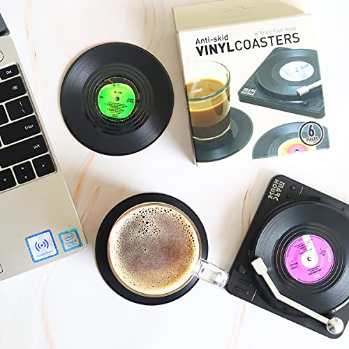 Funny Retro Vinyl Record Coasters for Drinks with Vinyl Record Player Holder for Music Lovers,Set of 6 Conversation Piece Sayings Drink Coaster,Wedding Registry Gift Ideas,Housewarming Hostess Gifts