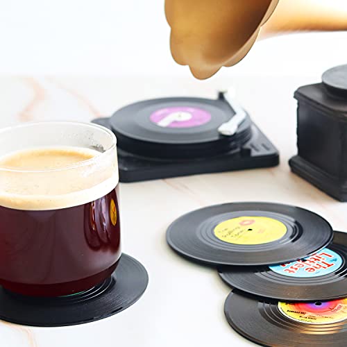 Funny Retro Vinyl Record Coasters for Drinks with Vinyl Record Player Holder for Music Lovers,Set of 6 Conversation Piece Sayings Drink Coaster,Wedding Registry Gift Ideas,Housewarming Hostess Gifts