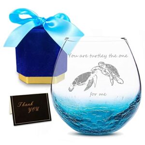 valentines day gifts for her, sea turtles handmade engraved crackle turquoise beach wine glass, 18 ounces