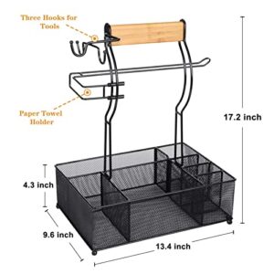 FANGSUN Large Grill Utensil Caddy, Picnic Condiment Caddy, BBQ Organizer for Camping Outdoor Mesh Basket with 3 Hanging Hooks and Paper Towel Holder, Ideal Table Storage Tools for Paper Plate Cutlery