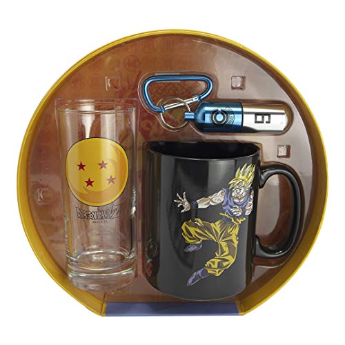 ABYstyle Dragon Ball Z Anime Premium Gift Set Includes Heat-Change Coffee Mug, Drinking Glass 10 Oz, Blue Capsule Corp Keychain Dishwasher Safe Drinkware Cold Hot Tea Mug DBZ Anime Manga 3 Pcs