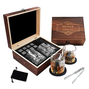 heypub whiskey stones gift set,whiskey glasses set 8 granite chilling whisky rocks, 2 bourbon glasses ,best drinking gifts for men dad husband birthday anniversary present，plus 2 free coasters.