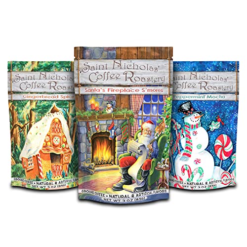 Ground Coffee Christmas Gift Set - 9oz Total of Three Holiday Flavors in Decorative 3oz Bags - Gingerbread Spice, Peppermint Mocha, Santa's Fireplace S'mores Medium Roast - Gift or Stocking Stuffer for Mom, Coworkers, Teachers, Adults