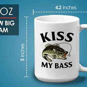 Fishing Coffee Mug 15oz White - Fisher, Retirement Dad - Fishing, Fish Lover, Hook, Bait, Reel, Rod, Spooling, Outdoor Hobby (Kiss Bass)