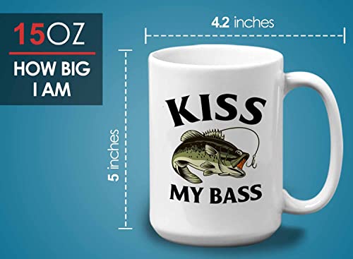 Fishing Coffee Mug 15oz White - Fisher, Retirement Dad - Fishing, Fish Lover, Hook, Bait, Reel, Rod, Spooling, Outdoor Hobby (Kiss Bass)