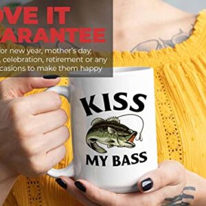 Fishing Coffee Mug 15oz White - Fisher, Retirement Dad - Fishing, Fish Lover, Hook, Bait, Reel, Rod, Spooling, Outdoor Hobby (Kiss Bass)