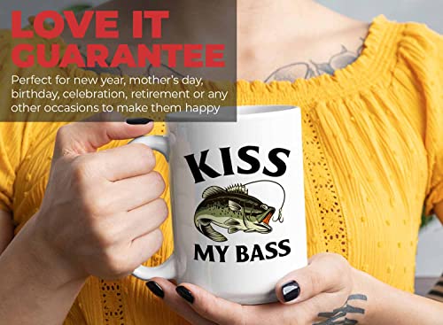 Fishing Coffee Mug 15oz White - Fisher, Retirement Dad - Fishing, Fish Lover, Hook, Bait, Reel, Rod, Spooling, Outdoor Hobby (Kiss Bass)