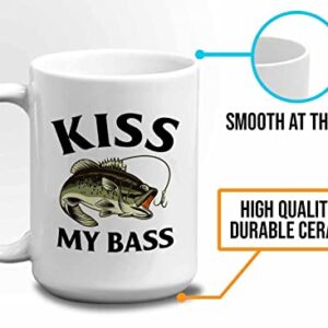 Fishing Coffee Mug 15oz White - Fisher, Retirement Dad - Fishing, Fish Lover, Hook, Bait, Reel, Rod, Spooling, Outdoor Hobby (Kiss Bass)