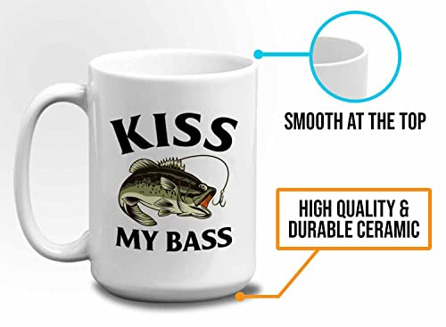 Fishing Coffee Mug 15oz White - Fisher, Retirement Dad - Fishing, Fish Lover, Hook, Bait, Reel, Rod, Spooling, Outdoor Hobby (Kiss Bass)