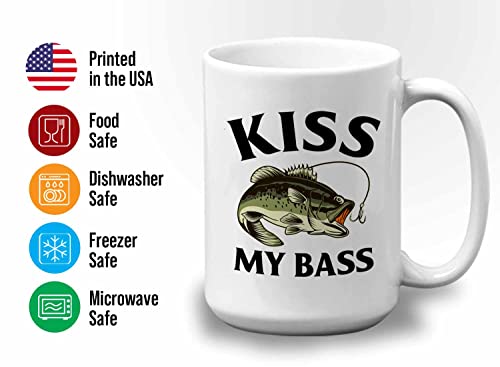 Fishing Coffee Mug 15oz White - Fisher, Retirement Dad - Fishing, Fish Lover, Hook, Bait, Reel, Rod, Spooling, Outdoor Hobby (Kiss Bass)