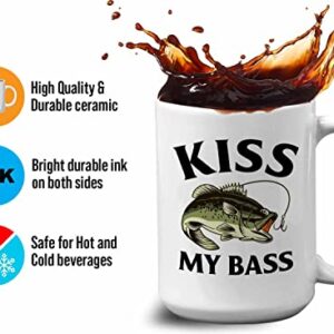 Fishing Coffee Mug 15oz White - Fisher, Retirement Dad - Fishing, Fish Lover, Hook, Bait, Reel, Rod, Spooling, Outdoor Hobby (Kiss Bass)