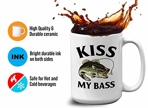 Fishing Coffee Mug 15oz White - Fisher, Retirement Dad - Fishing, Fish Lover, Hook, Bait, Reel, Rod, Spooling, Outdoor Hobby (Kiss Bass)